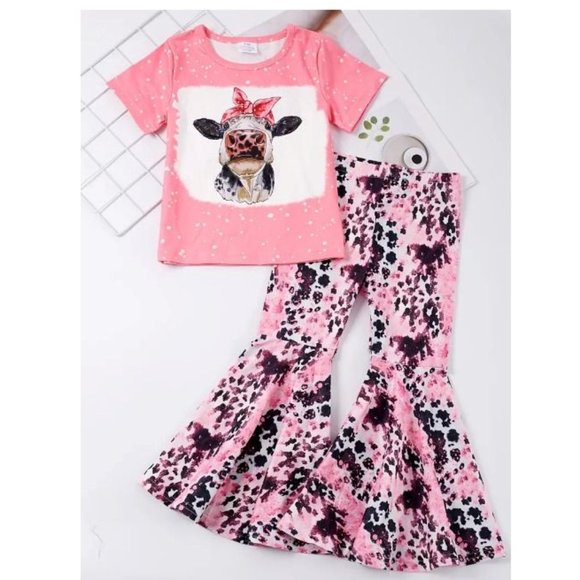 Matching Sets | Boutique Girls Pink Cow Print Bell Bottoms Outfit ...